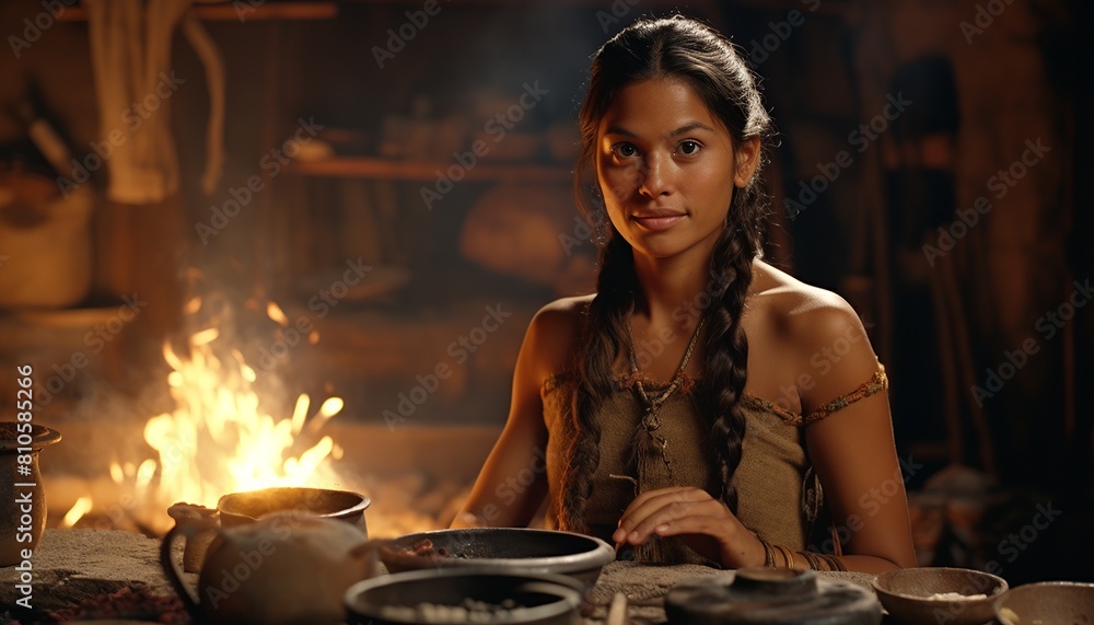 portrait of a mayan woman cooking, prehispanic indoors, pre hispanic ...