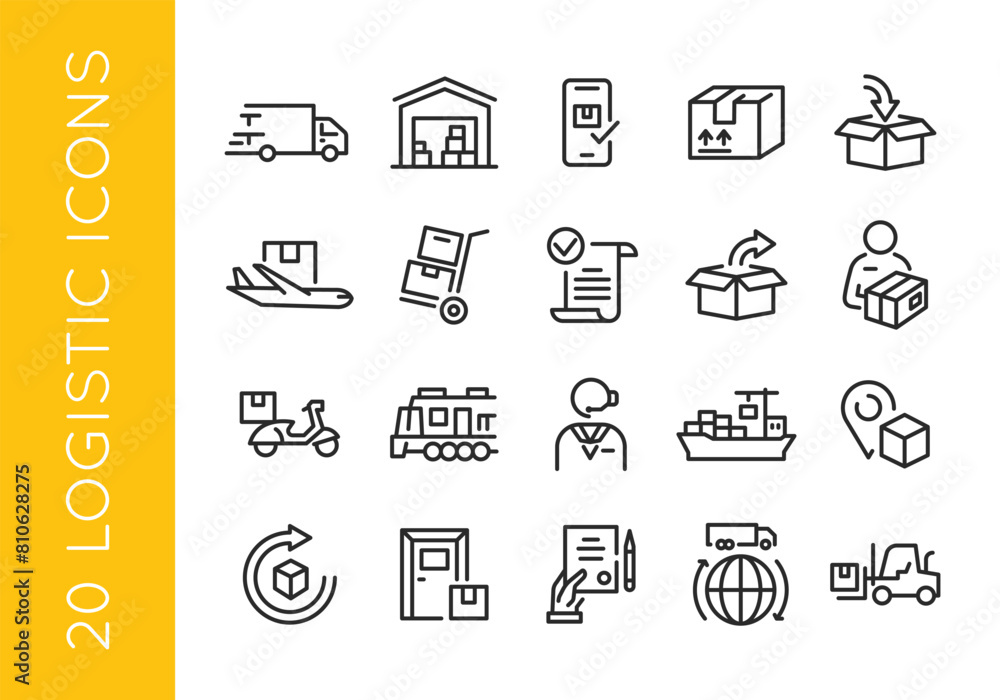 Logistics icons. Set of 20 logistics trendy minimal icons. Truck ...