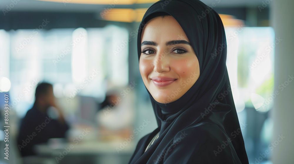Beautiful Emirati Arab woman in Hijab Abaya at indoor location. Arabic ...
