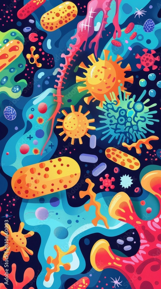 Vibrant illustration of various microorganisms like bacteria and ...