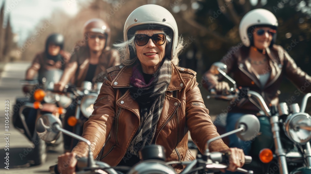 Confident mature woman riding a motorcycle with friends on an open road ...