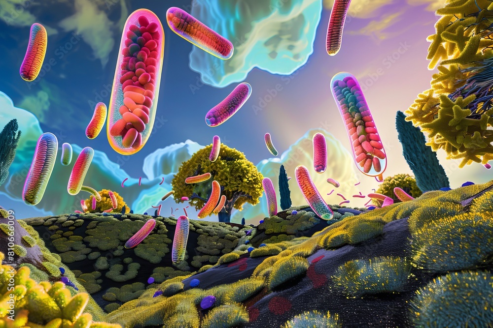 Surreal landscape featuring vibrant images of Lactobacillus bacteria ...