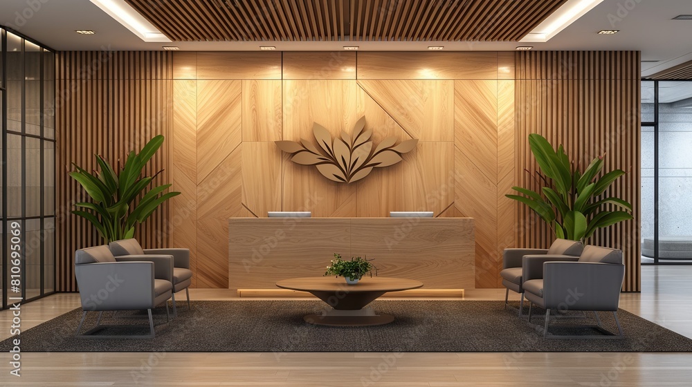 Elegant wooden lobby and waiting area with wall space for company logo ...