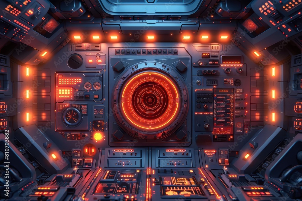 Design a spaceship cockpit interior with a retro-futuristic aesthetic ...