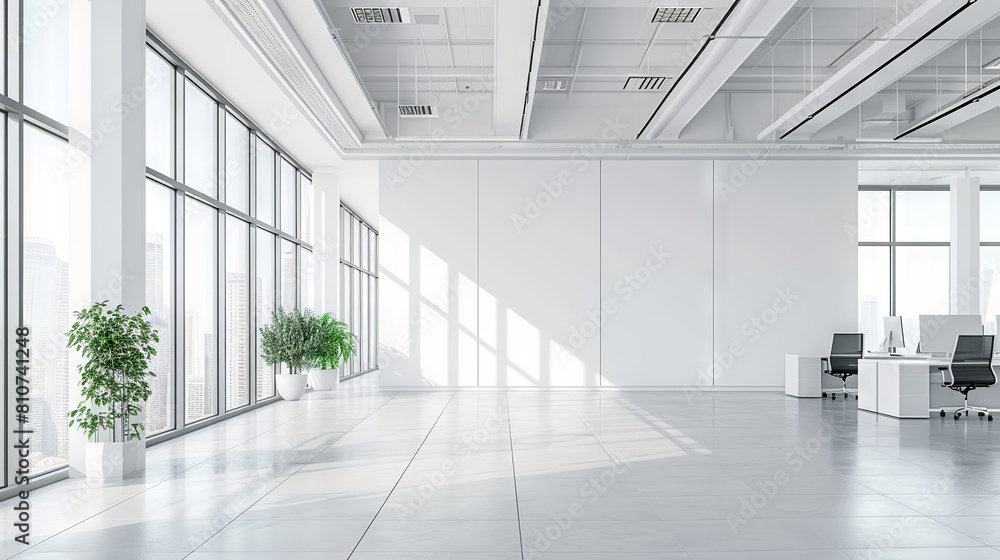 Modern white open space office interior with a mock-up wall for ...