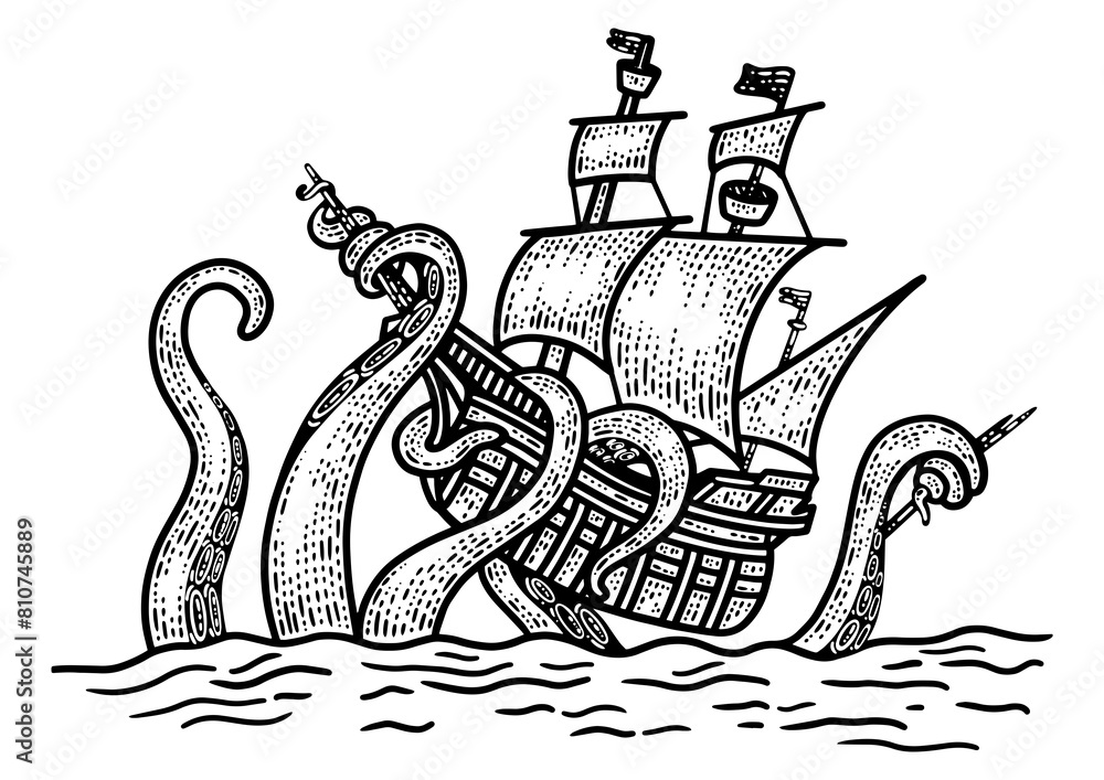 octopus atteck vintage ship sketch PNG Stock Illustration | Adobe Stock