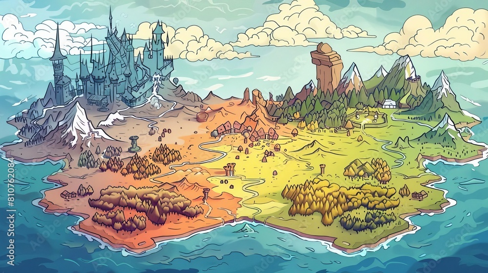 Drawing fantasy maps flat design side view fictional worlds theme ...