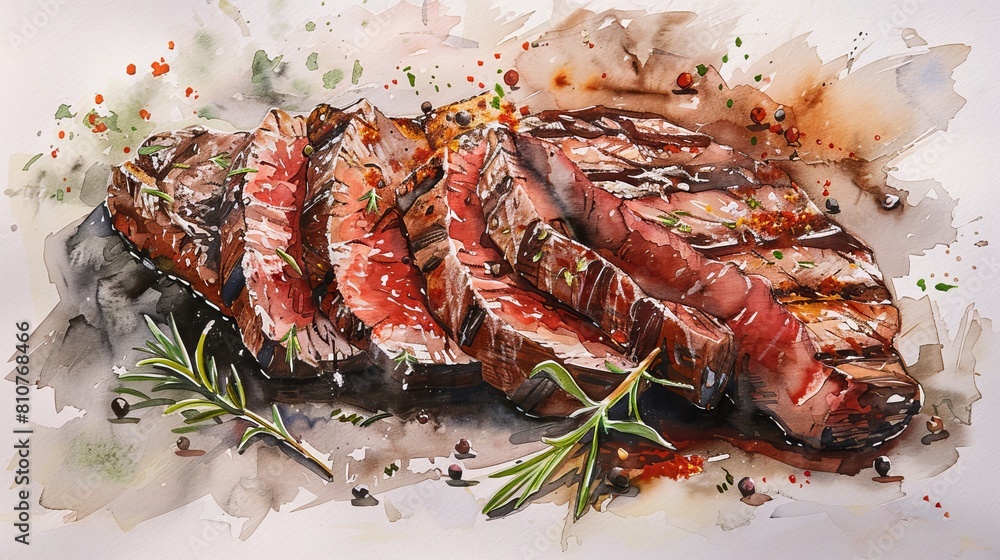 Elegant watercolor showing a grilled steak sliced and topped with ...