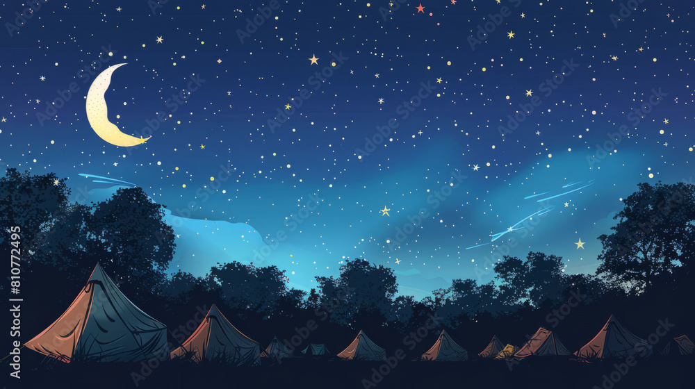 Idyllic cozy nighttime camping campground scene with tents a crescent ...