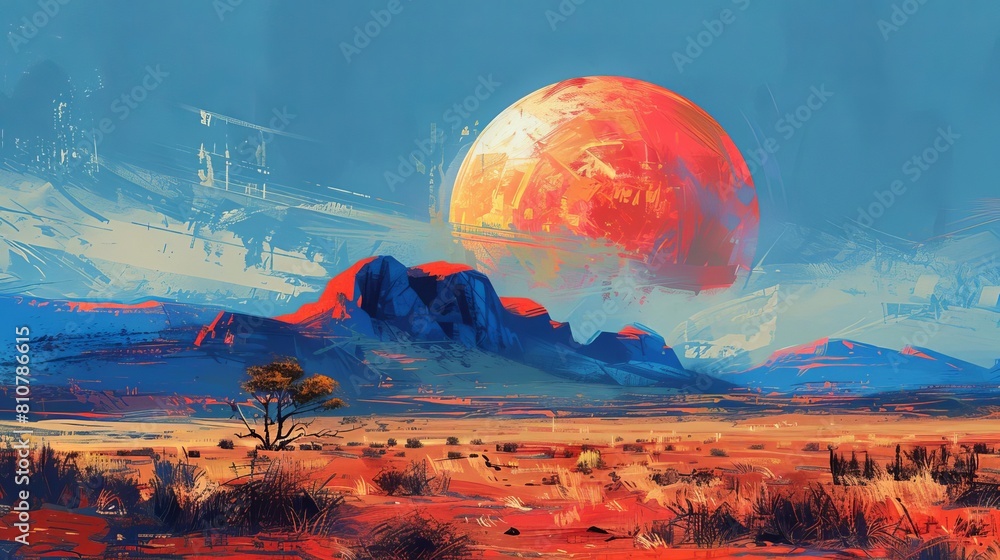 A vibrant digital painting of the Australian Outback with its ...