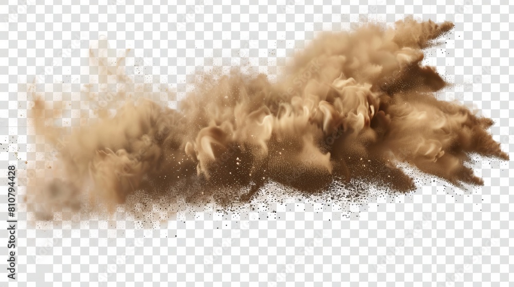 In front of a transparent background, a brown dusty cloud or dry sand ...