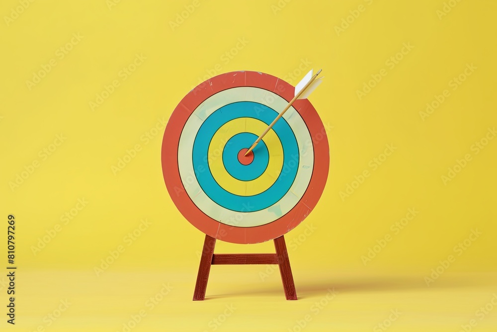 Sign stand with an arrow in a target on a yellow background. Hit right ...