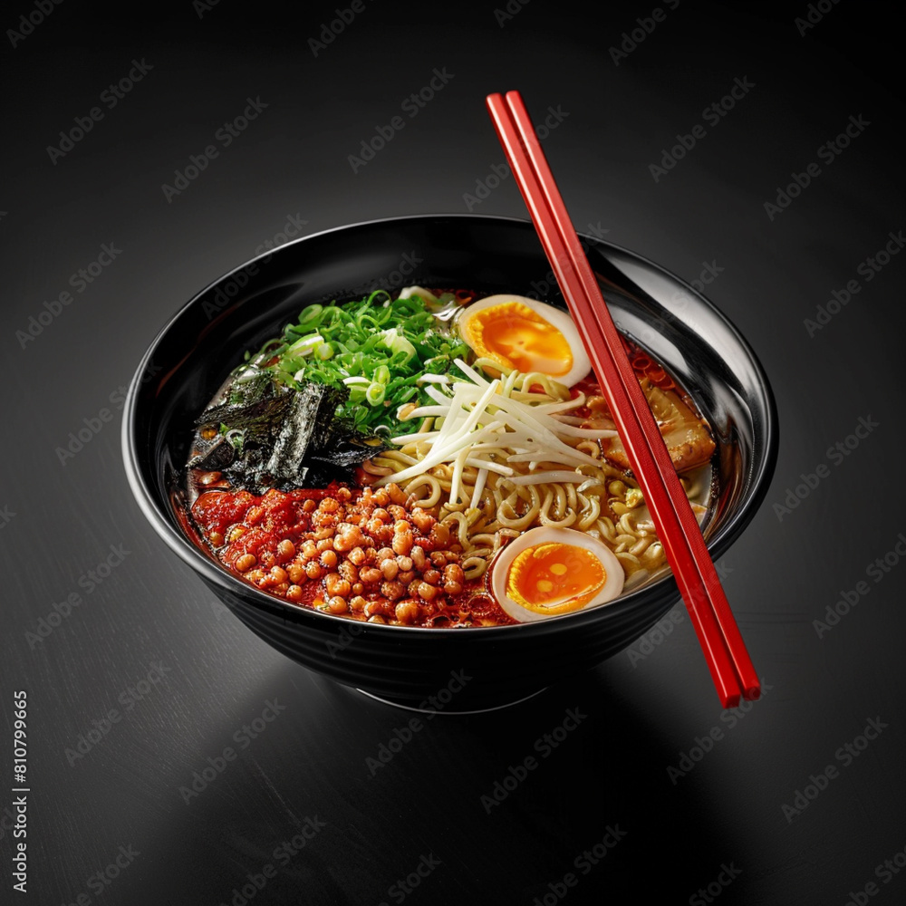 realistic photography of spicy ramen menu black bowl red chopsticks ...