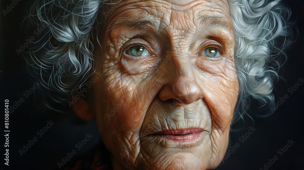 Hyperrealistic portrait of a deeply wrinkled elderly woman, her face ...