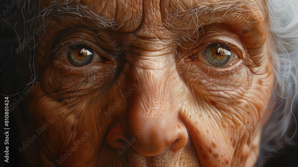 Hyperrealistic portrait of a deeply wrinkled elderly woman, her face ...