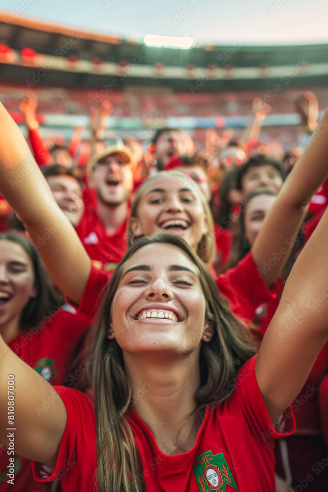 Portuguese football soccer fans in a stadium supporting the national ...