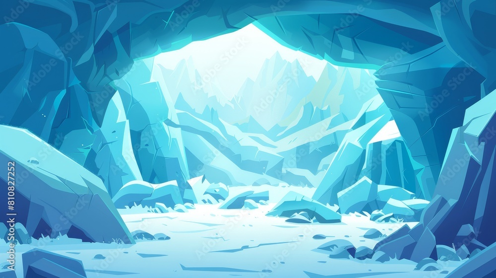 Snowy mountain landscape with ice and snow on rocks. Cartoon background ...