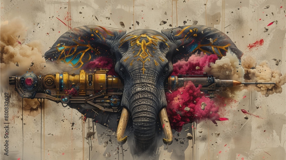 Elephant head exploding with colorful smoke With gold accents on the ...