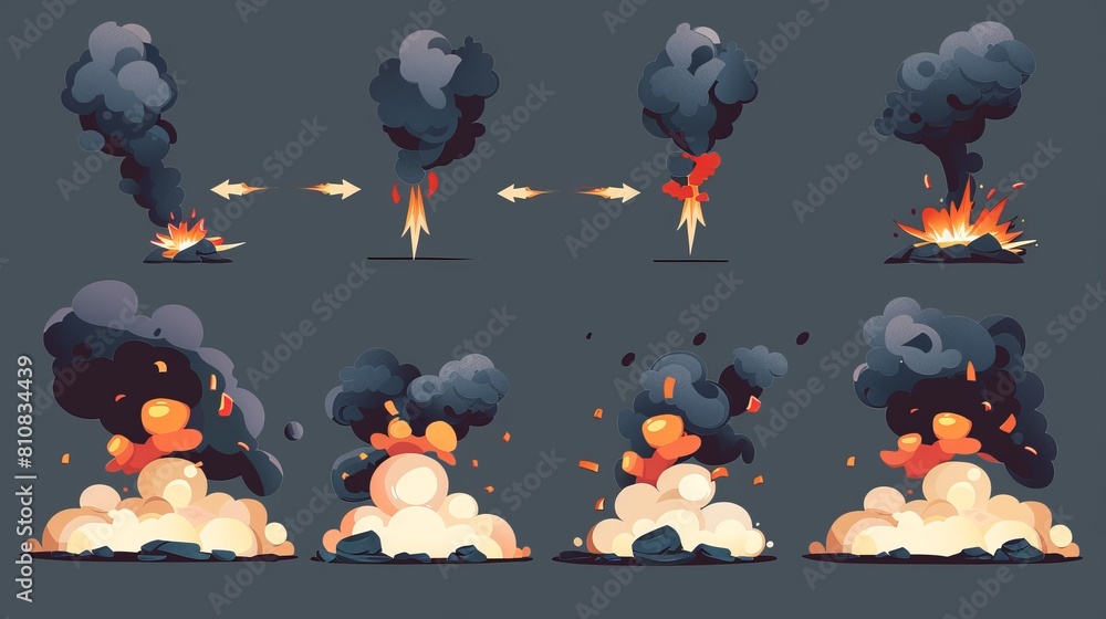 Modern sprite sheet of blast with fire and black smoke clouds. Cartoon ...
