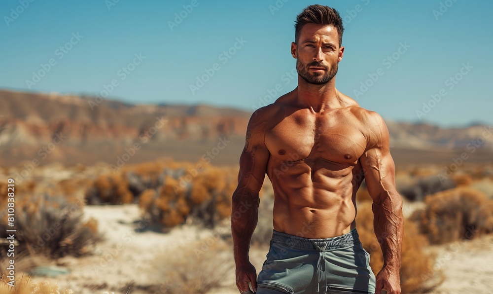 Body Builder man with huge muscles standing shirtless in a desert Stock ...