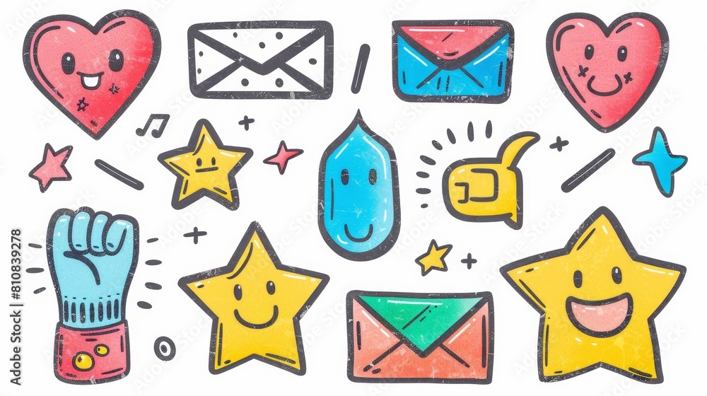 Inline doodle rating and review symbols. A smiley emoji, like a thumbs ...