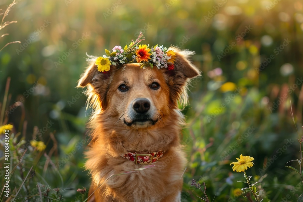 Dog wearing floral wreath in meadow at sunset. Summer Solstice Day ...