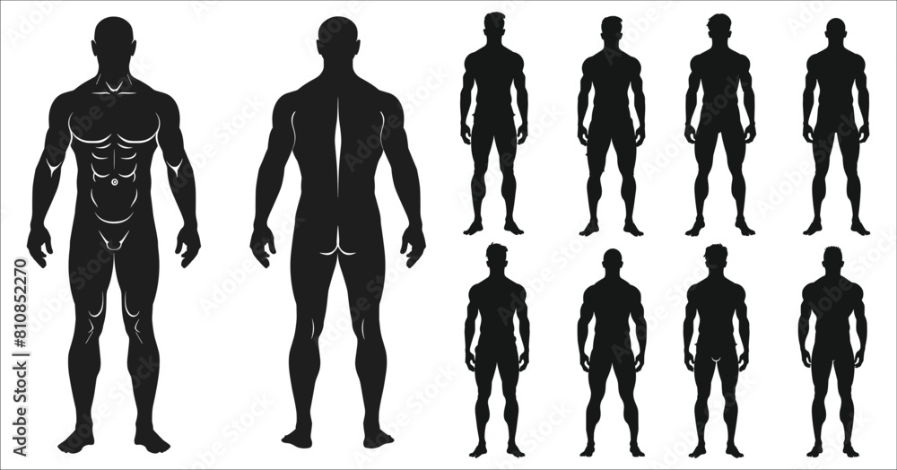 Male human body silhouettes, Human body silhouette, Man front and side ...
