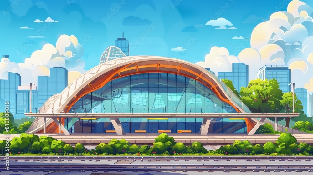 A modern cartoon illustration of a modern train station or bus station ...