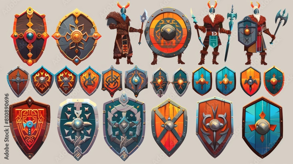 Viking game character and different shields. Viking warrior with helmet ...