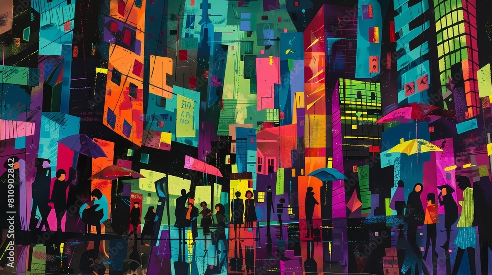 A bustling urban street scene at night, depicted in neon colors and ...