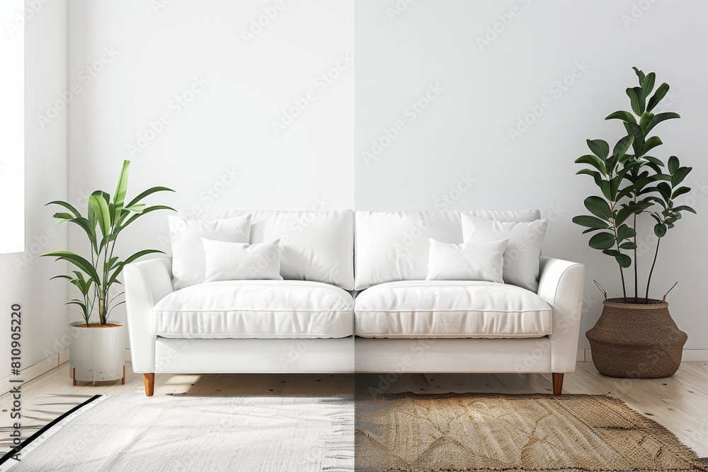 side by side comparison of the room with couch before and after ...