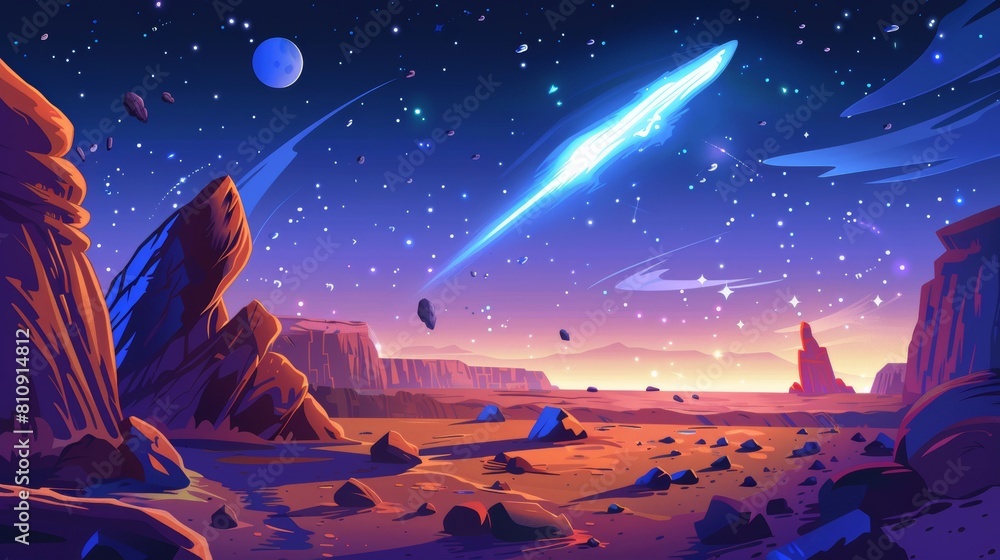 Game background modern illustration with cartoon space planet. Night ...