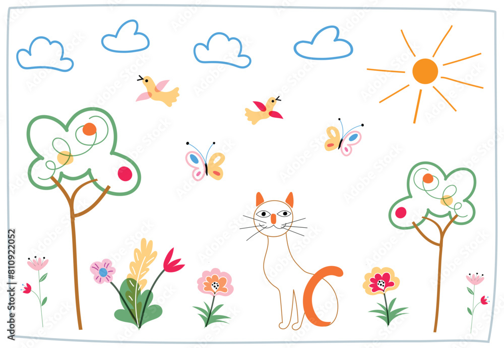Kids drawing background. Child drawn flowers, trees, sun, clouds ...