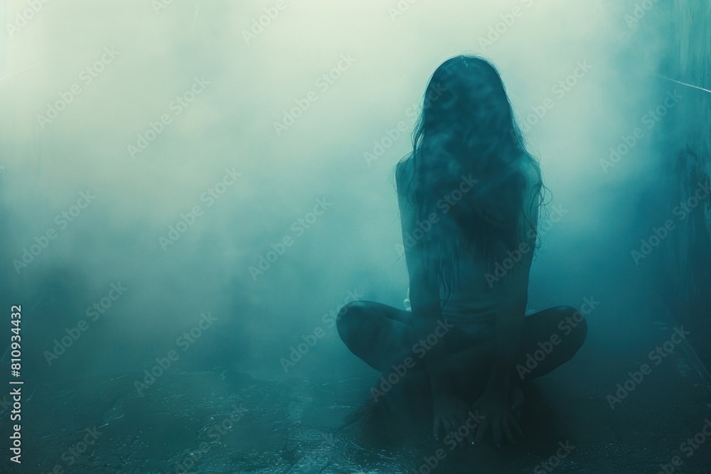 Haunting image capturing a figure shrouded in blue mist, symbolizing ...