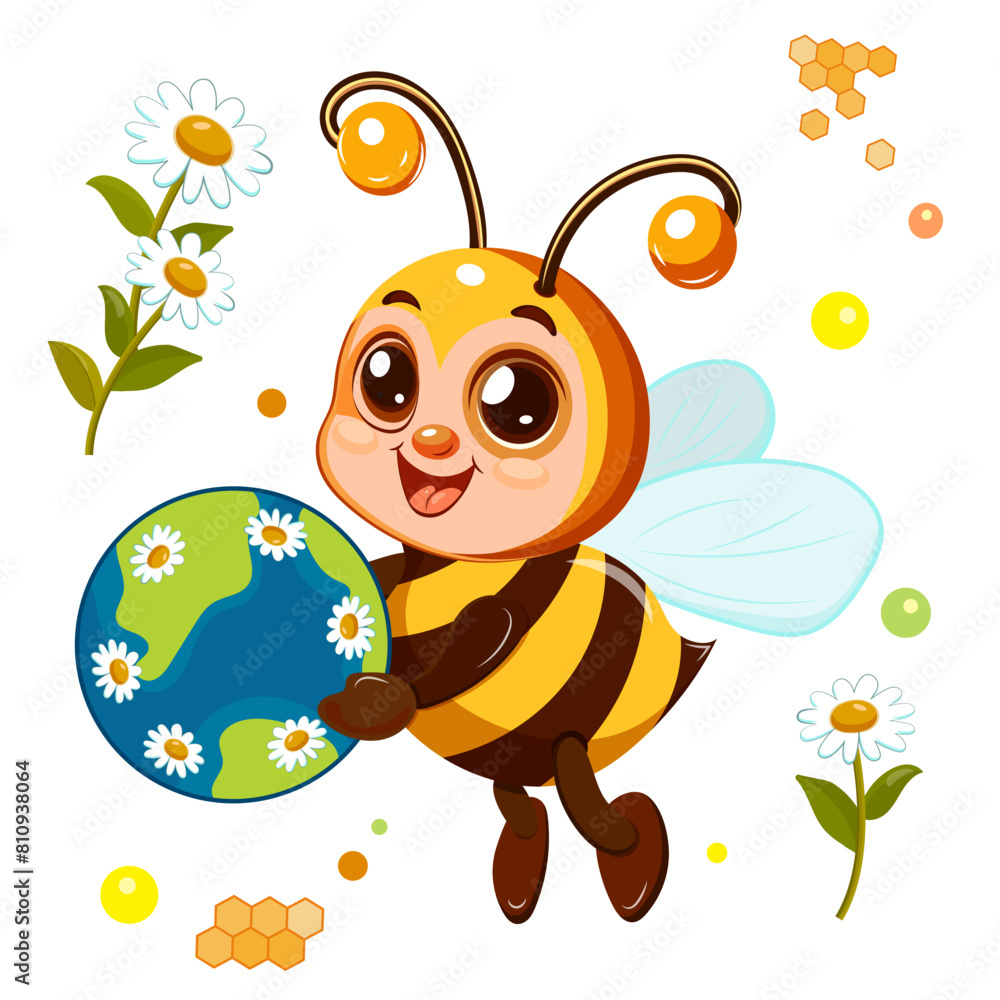 Funny bee flying, holding planet earth. Clipart. Cartoon character ...