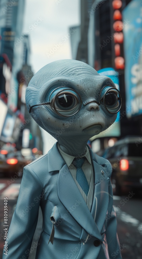 pale cute baby alien wearing light blue suit and tie, big round glasses ...