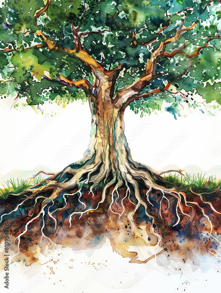 Illustrate a close-up view of a family tree icon, blending watercolor strokes to symbolize deep ...