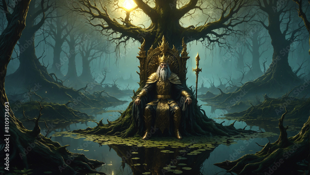 Veles, the Slavic god of underworld, sits on his golden throne under ...