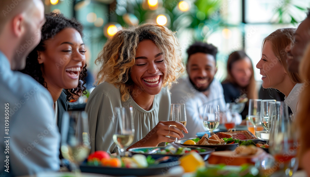 showing a diverse group of workmates laughing and sharing stories over ...
