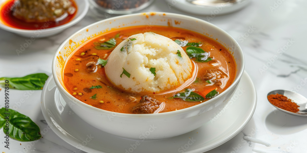 Fufu and Egusi Soup on a white marble table, Ghanaian and Nigerian ...