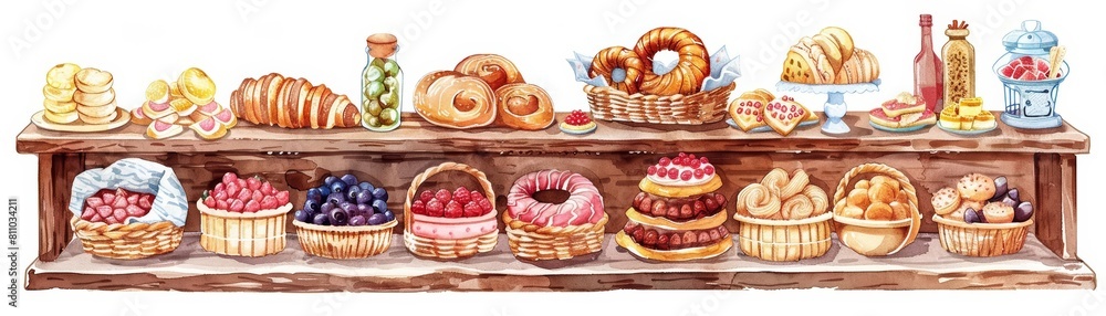Cute watercolor of a charming bakery, with freshly baked bread and ...
