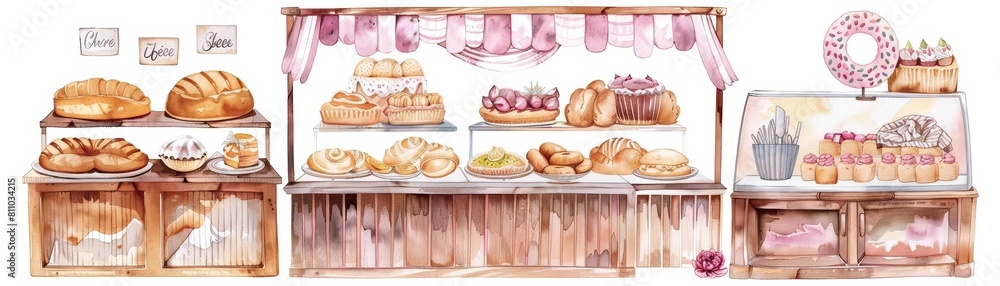 Cute watercolor of a charming bakery, with freshly baked bread and ...