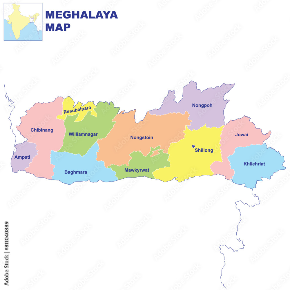 Meghalaya map State with names of all District regions vector illustration with colour ...