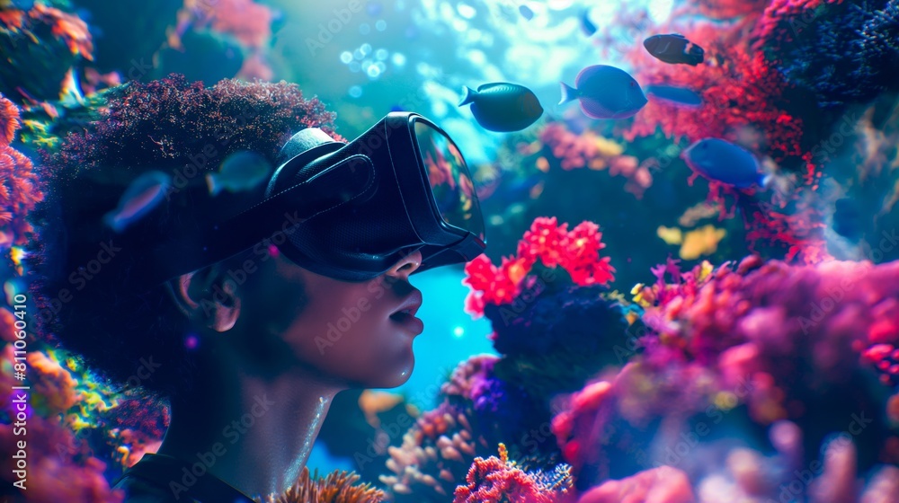 A young person wearing VR glasses is exploring an underwater world ...