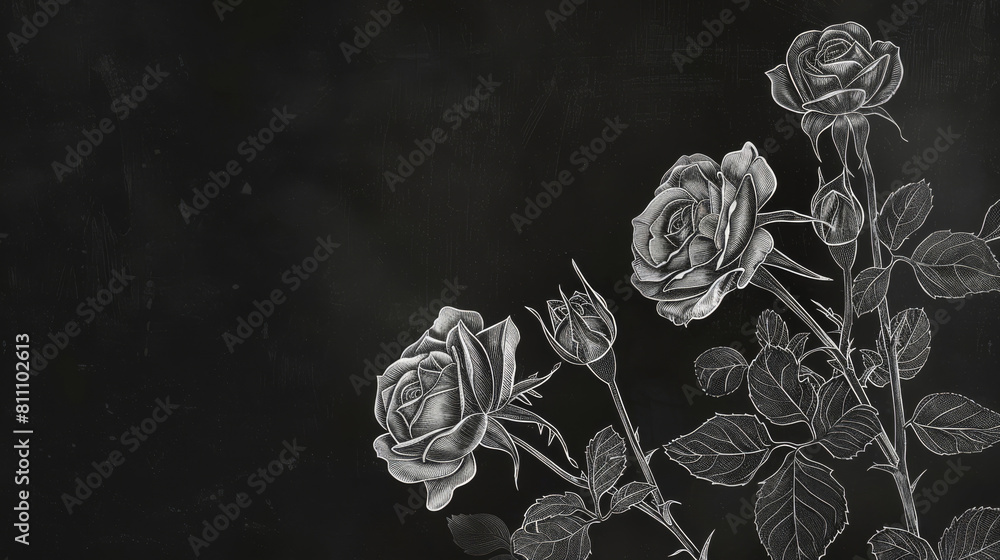 A solemn background with chalk-drawn roses on blackboard texture for ...