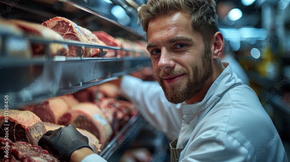 Confident Butcher Checking Meat Temperature in Commercial Refrigerator ...