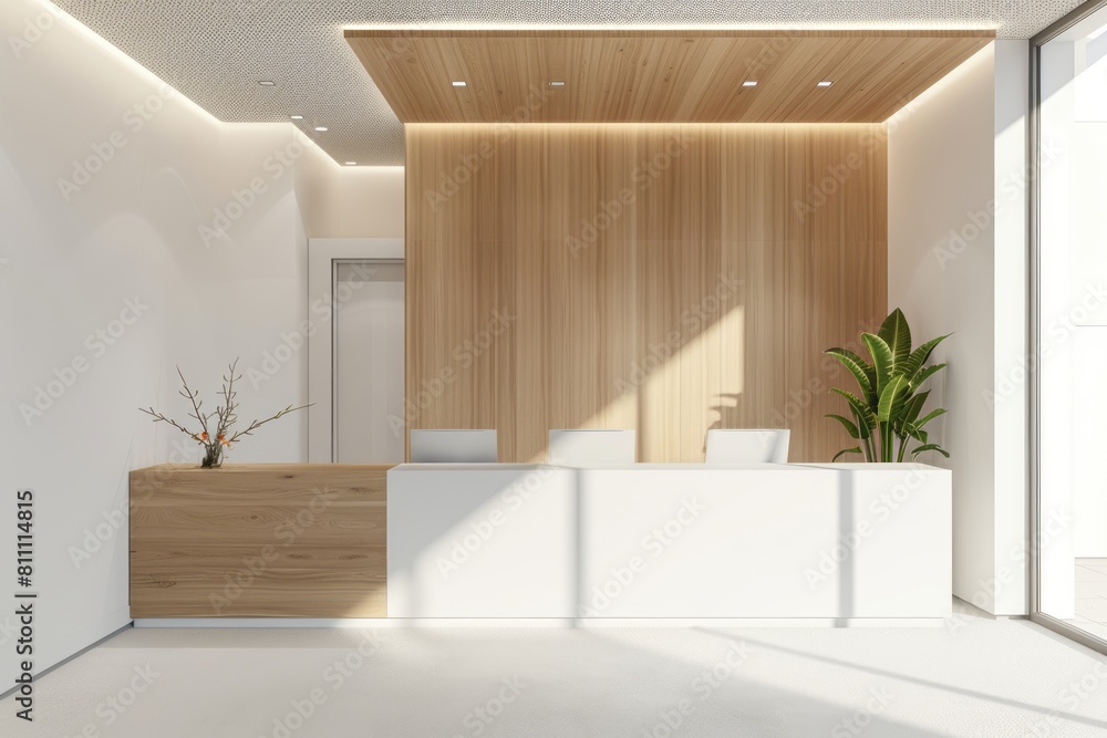 White and wood reception desk in a modern medical clinic with white ...