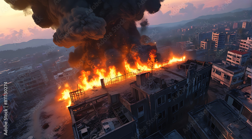 Foto de Stock Black Smoke rising from the burning bombed destroyed buildings from wide far drone ...