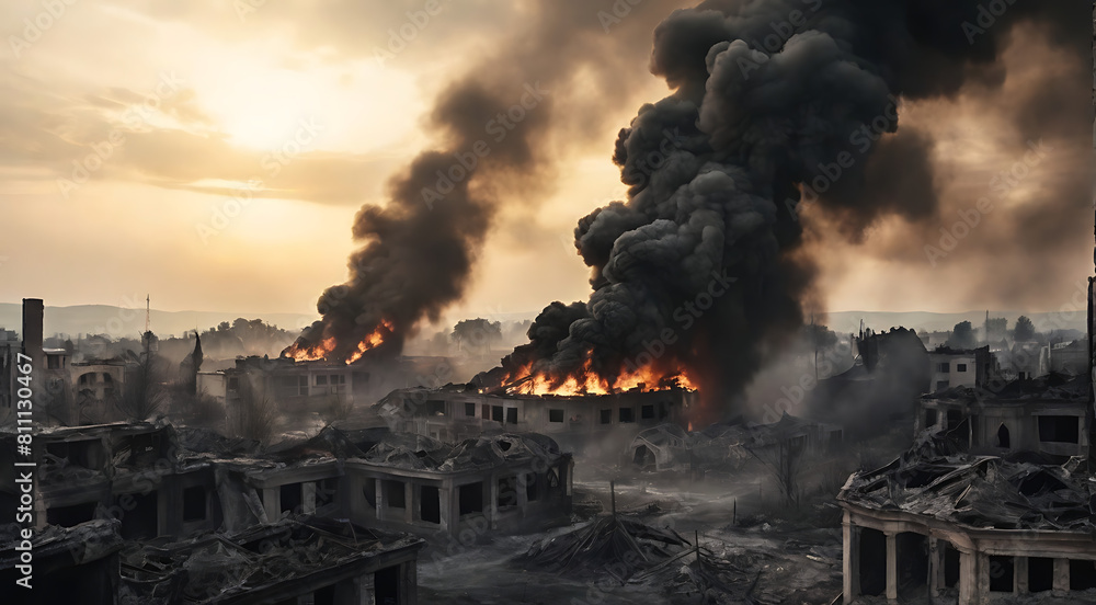 Black Smoke rising from the burning bombed destroyed buildings from ...