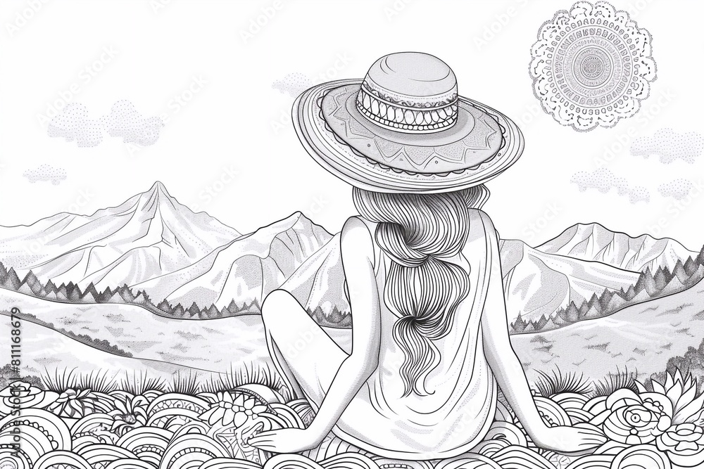 The girl in the hat sits backwards and looks at the mountains ...